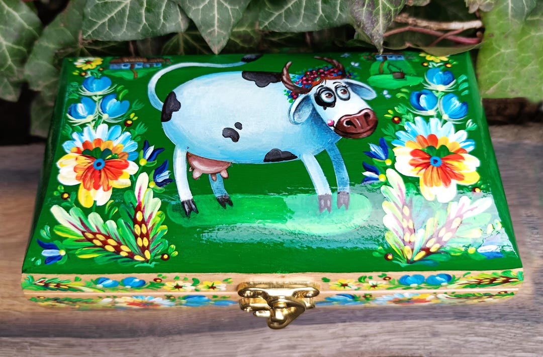 Hand Painted Cow Jewelry Box: Rustic Wooden Trinket Case - Etsy