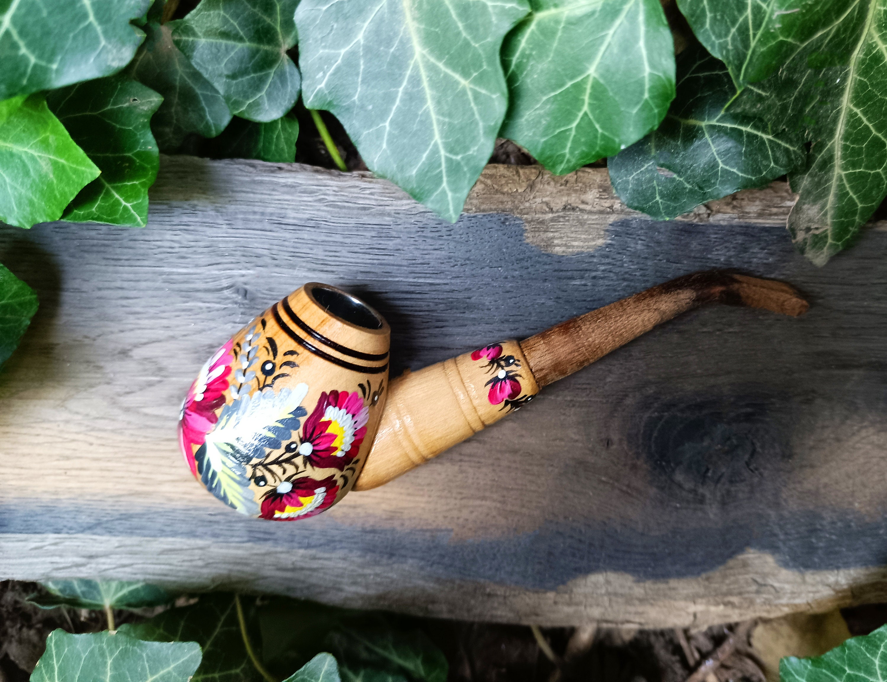 Wooden Pipe for Smoking With Flowers, Painted Tobacco Pipe Wood, Floral ...
