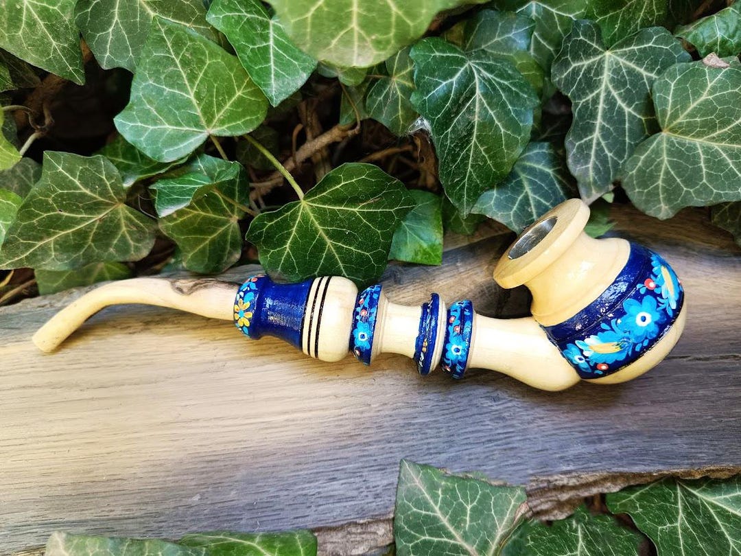 Wooden Pipe With Blue Flowers, Ukraine Ornament Pipe, Long Smoking ...