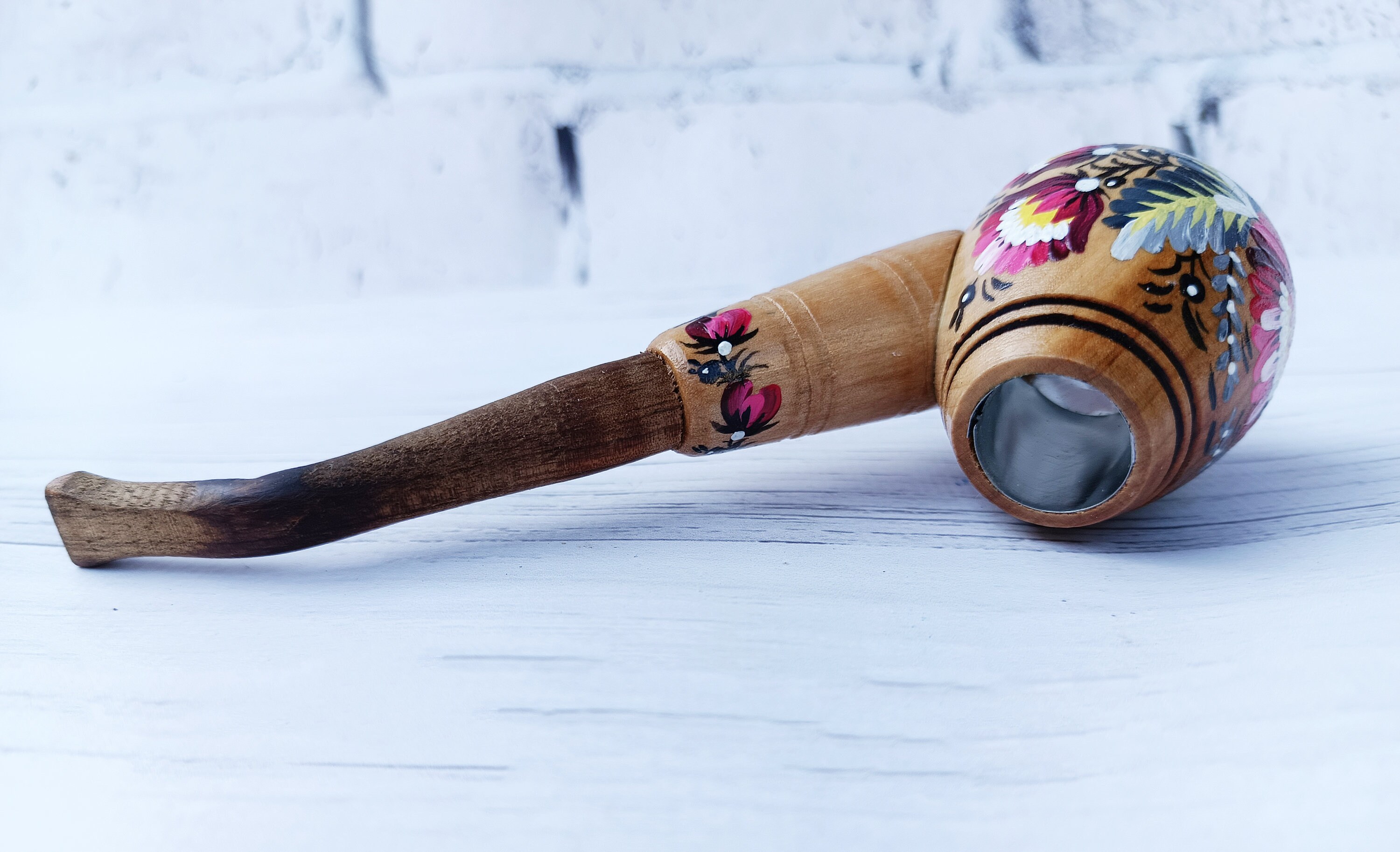Wooden Pipe for Smoking With Flowers, Painted Tobacco Pipe Wood, Floral ...
