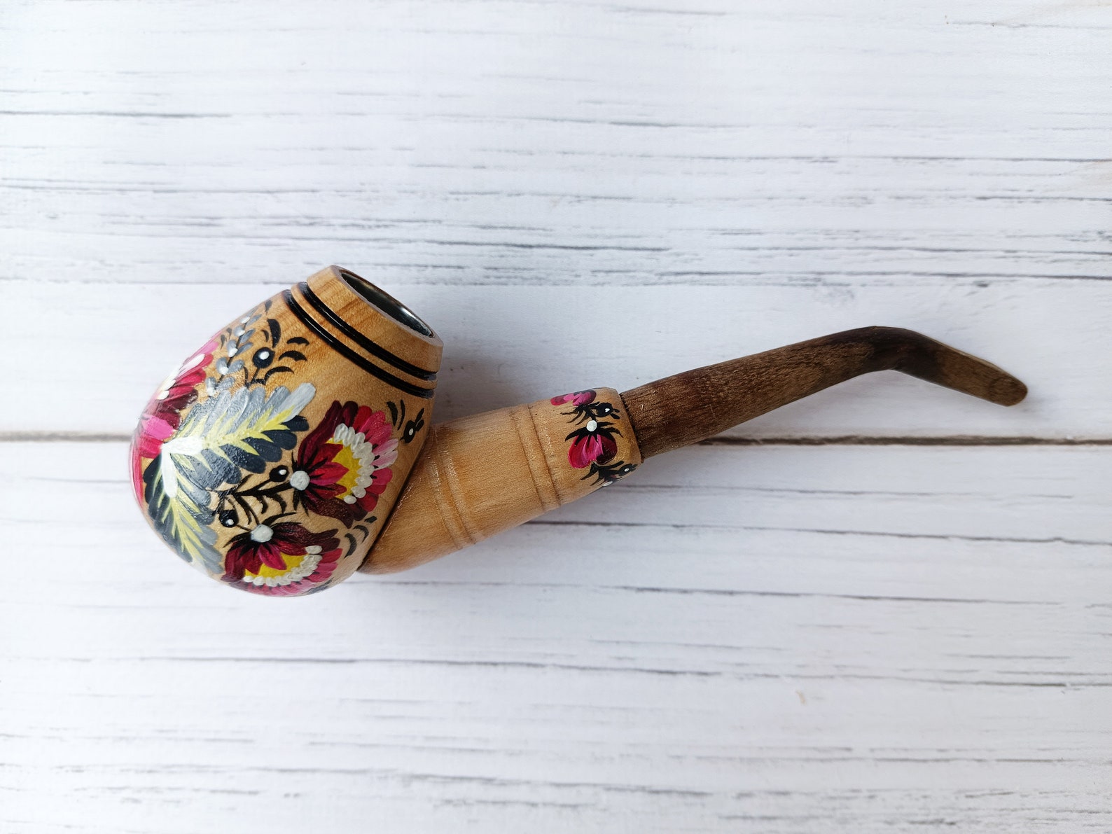 Wooden Pipe for Smoking With Flowers, Painted Tobacco Pipe Wood, Floral ...