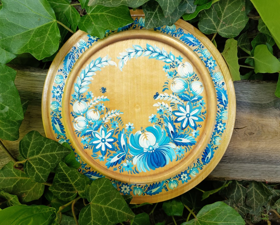 Ukraine Floral Wall Plate, Blue Flowers Wood Plate, Wall Plate, Floral ...