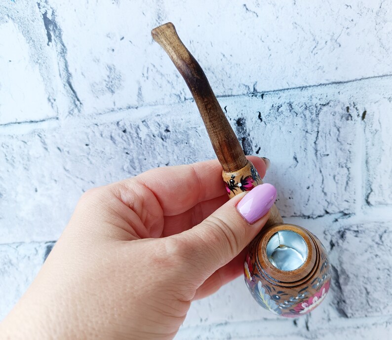 Wooden Pipe for Smoking With Flowers, Painted Tobacco Pipe Wood, Floral ...
