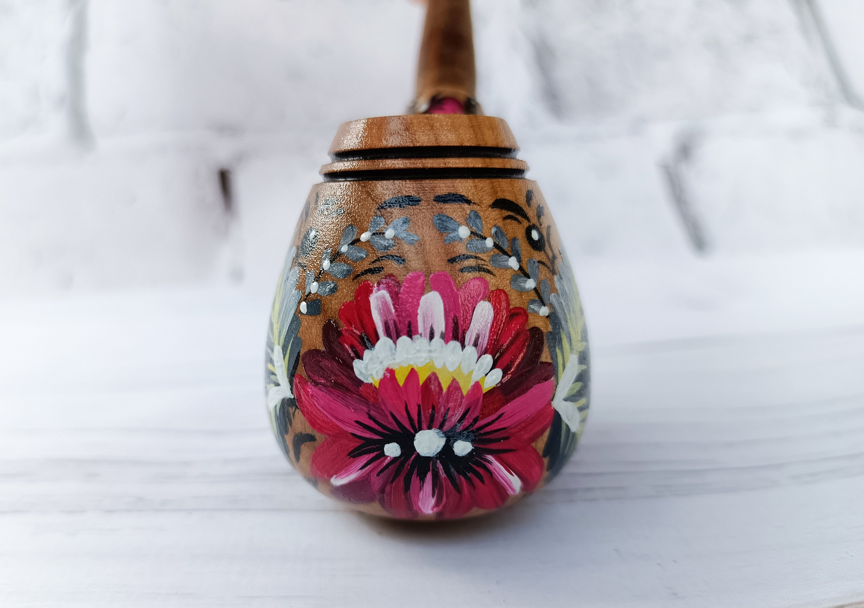 Wooden Pipe for Smoking With Flowers, Painted Tobacco Pipe Wood, Floral ...