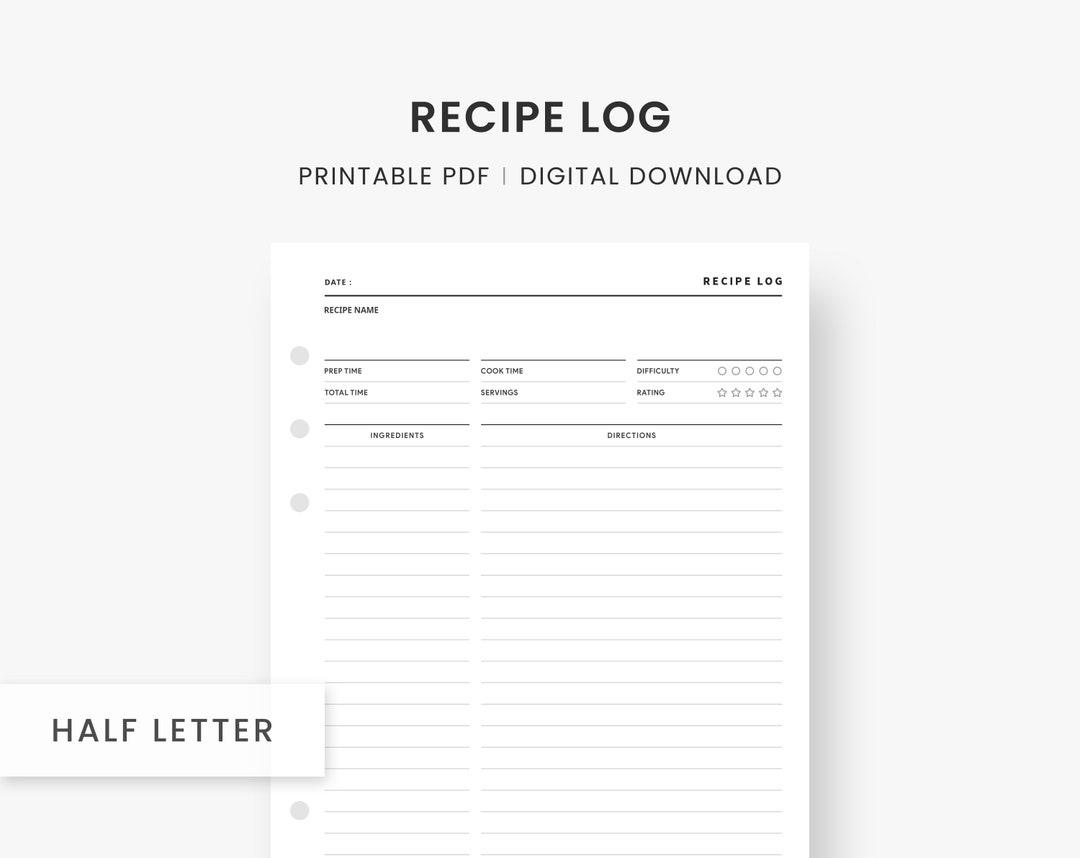 Recipe Log Template Printable, Half Letter Inserts, Fitness and Health ...