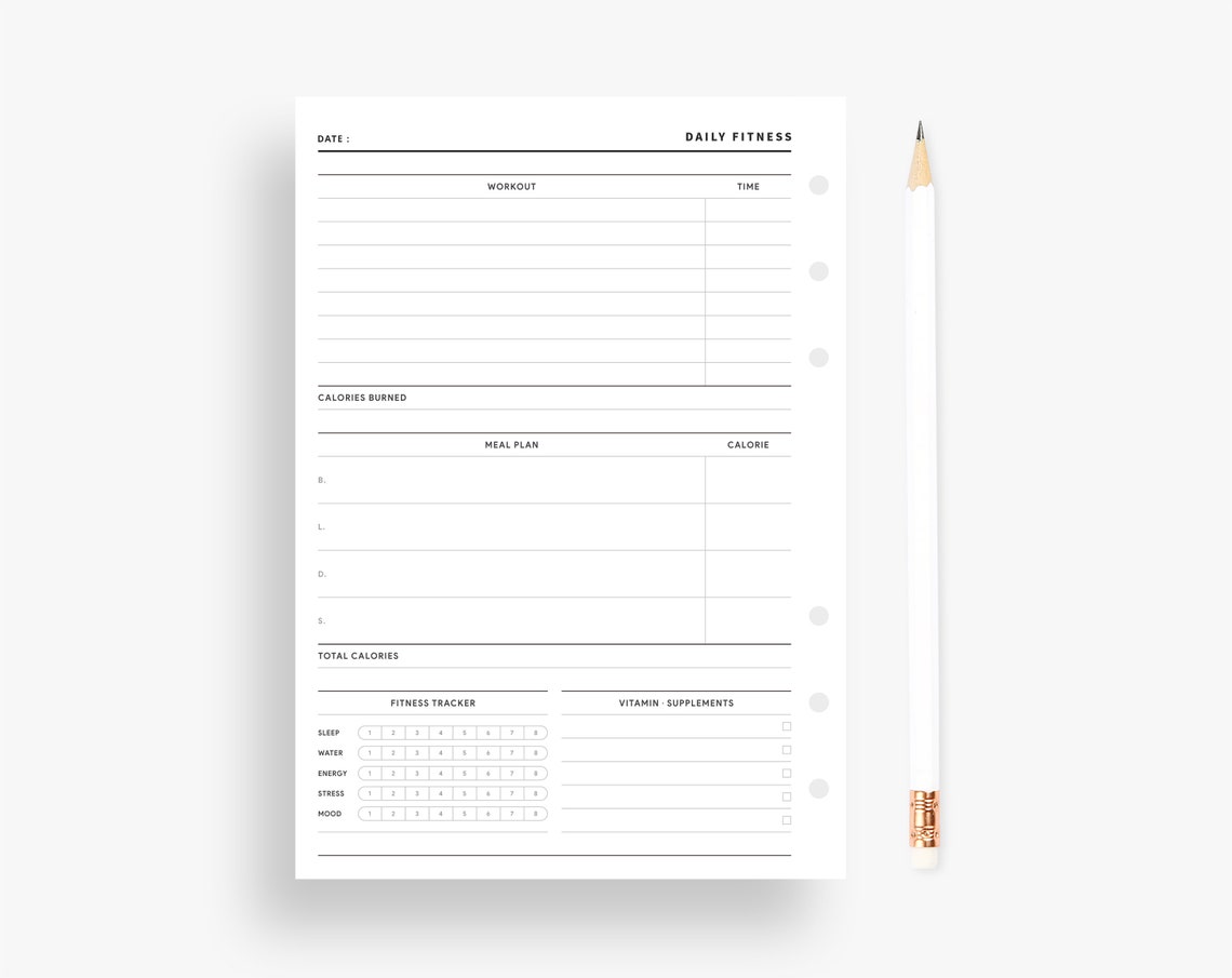 Daily Fitness Planner Printable, Personal Wide Inserts, Fitness Journal ...