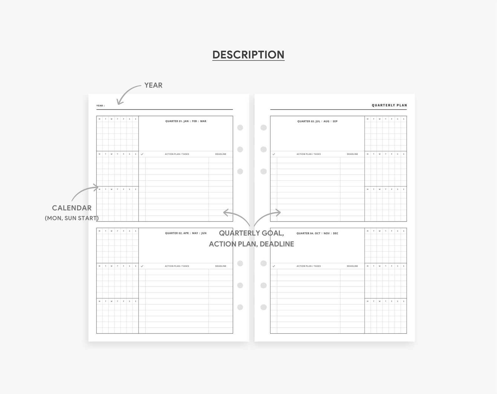 Yearly Calendar Printable, Quarterly Plan, Year at a Glance, Yearly ...
