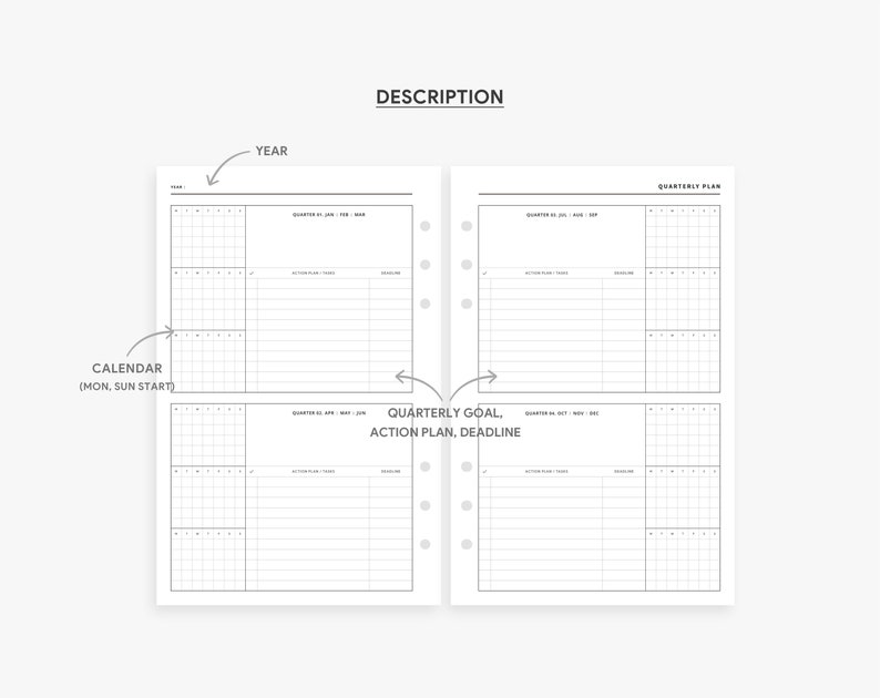 Yearly Calendar Printable, Quarterly Plan, Year at a Glance, Yearly ...