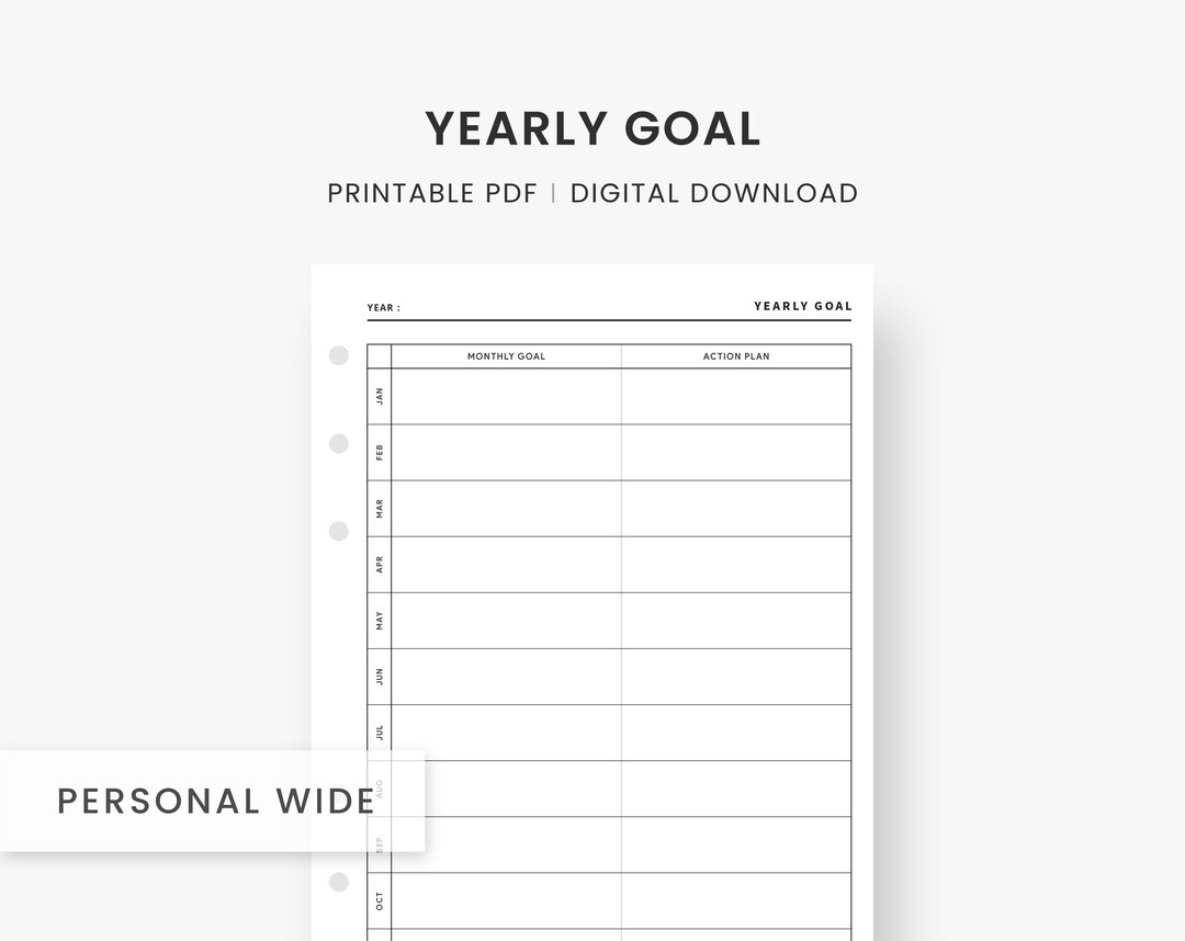 Yearly Goal Planner Printable, Personal Wide Inserts, Monthly Goal ...