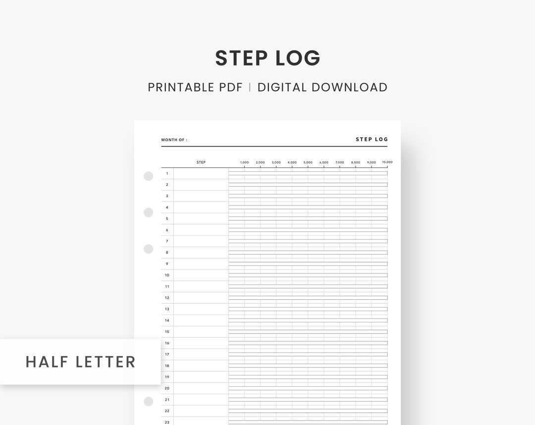 Step Log, Monthly Step Tracker Printable, Half Letter Inserts, Workout ...