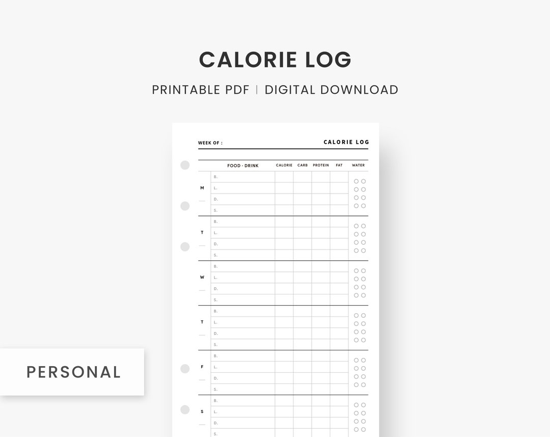 Calorie Log Printable, Personal Wide Inserts, Fitness Planner, Health ...