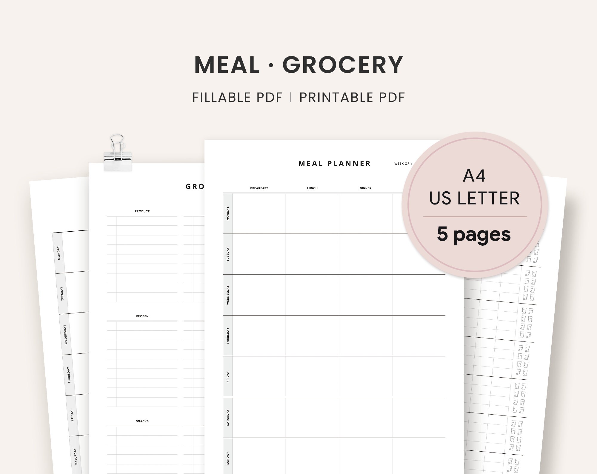 Weekly Meal Planner Printable, Grocery Shopping List, Week Menu Plan ...