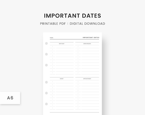 Important Dates Yearly Planner Annual Planner Birthday - Etsy