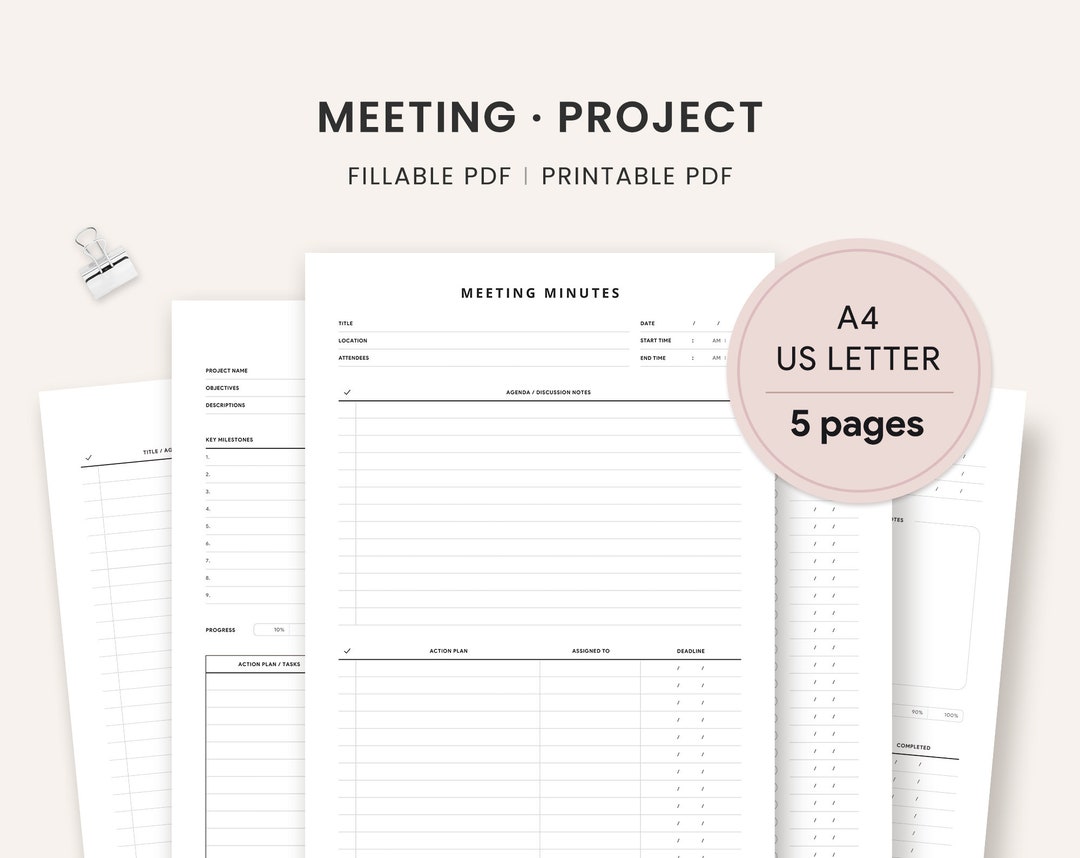 Meeting Notes, Project Planner, Printable and Fillable PDF, Meeting ...