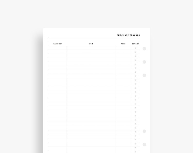 A5 Inserts : Financial Planner, Purchase Tracker Printable, Order ...