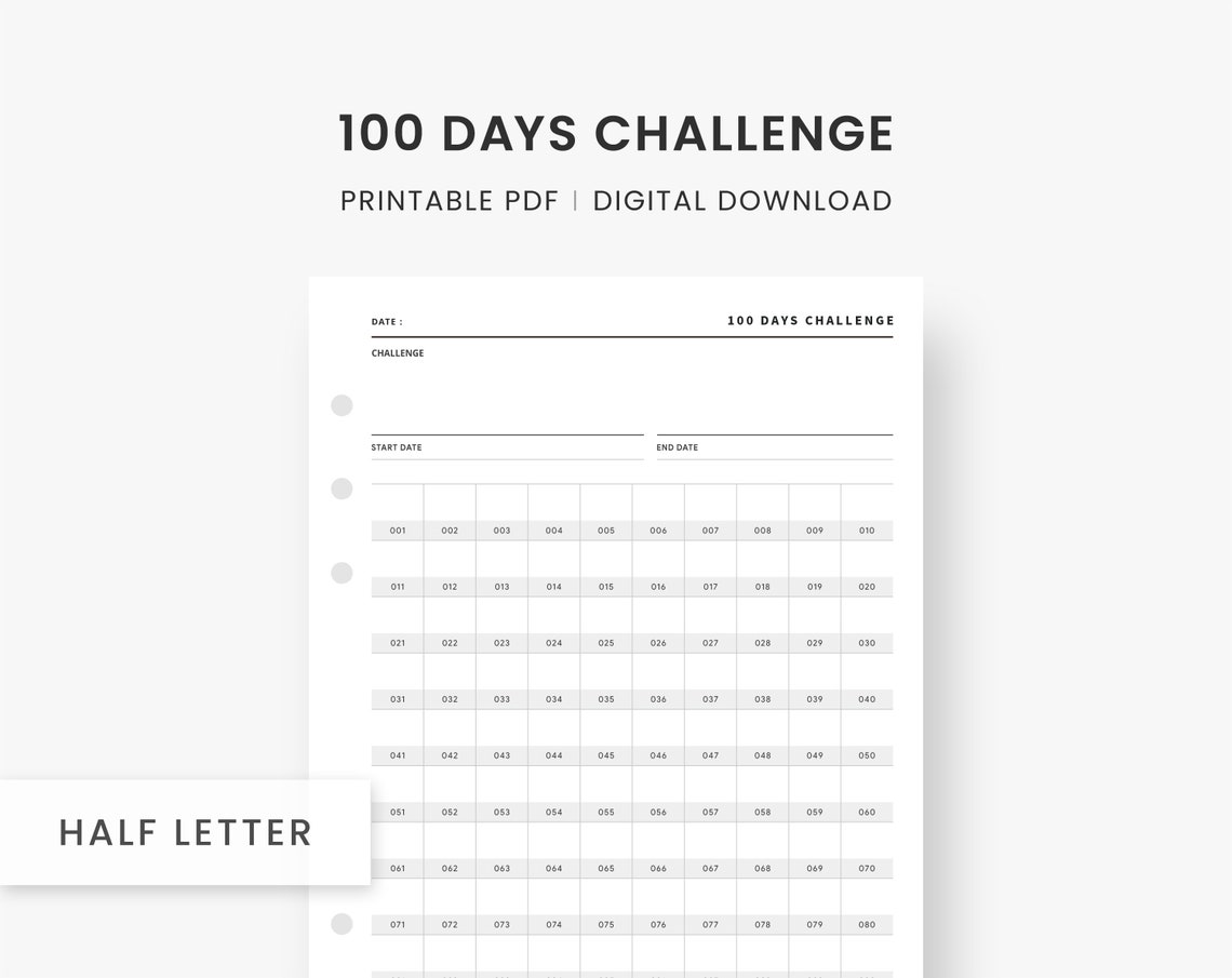 100 Days Challenge Printable, Challenge Tracker, Goal Challenge Template, Half Letter Inserts ...