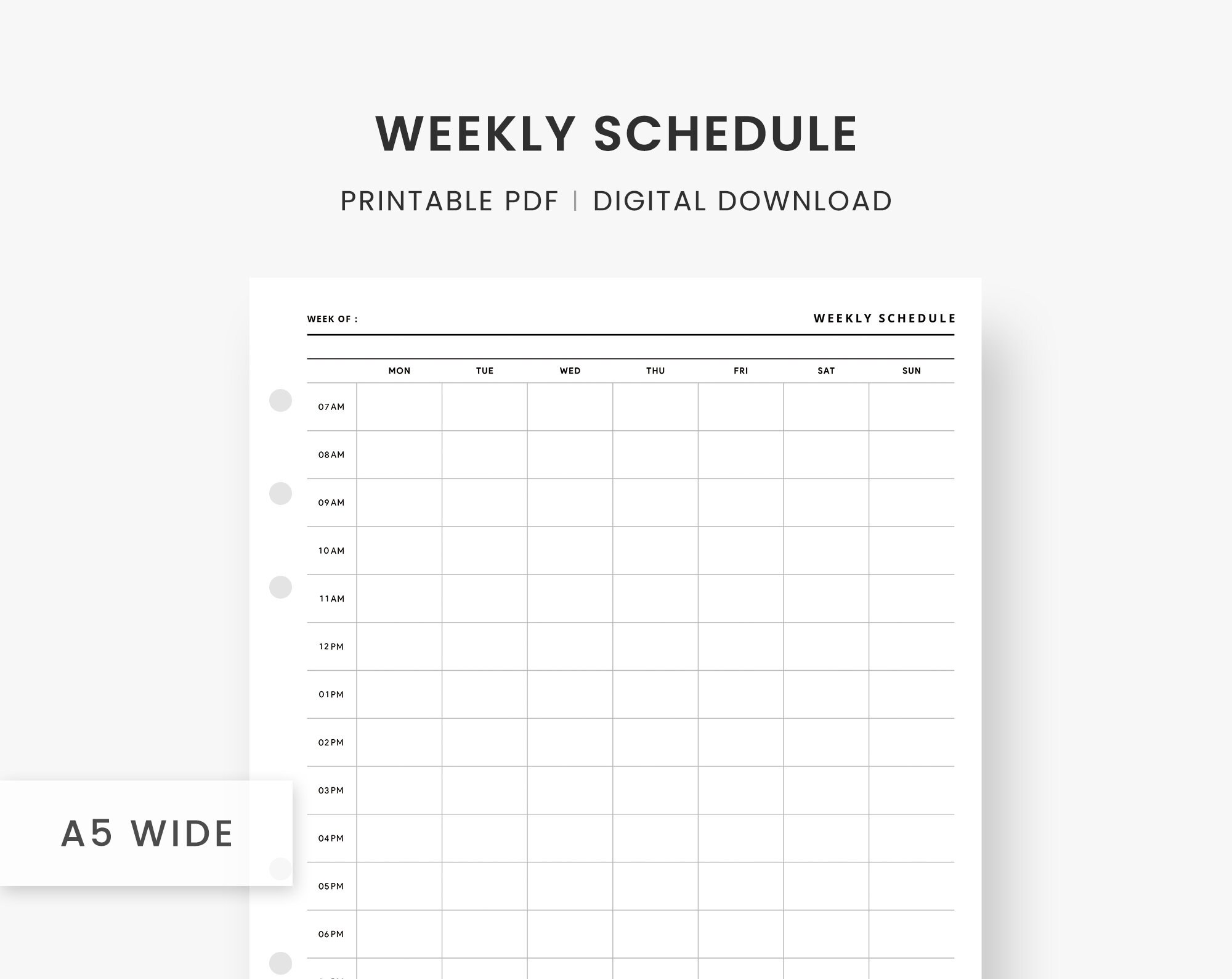 A5 Wide Inserts : Weekly Schedule Printable, Weekly Timetable, Hourly ...