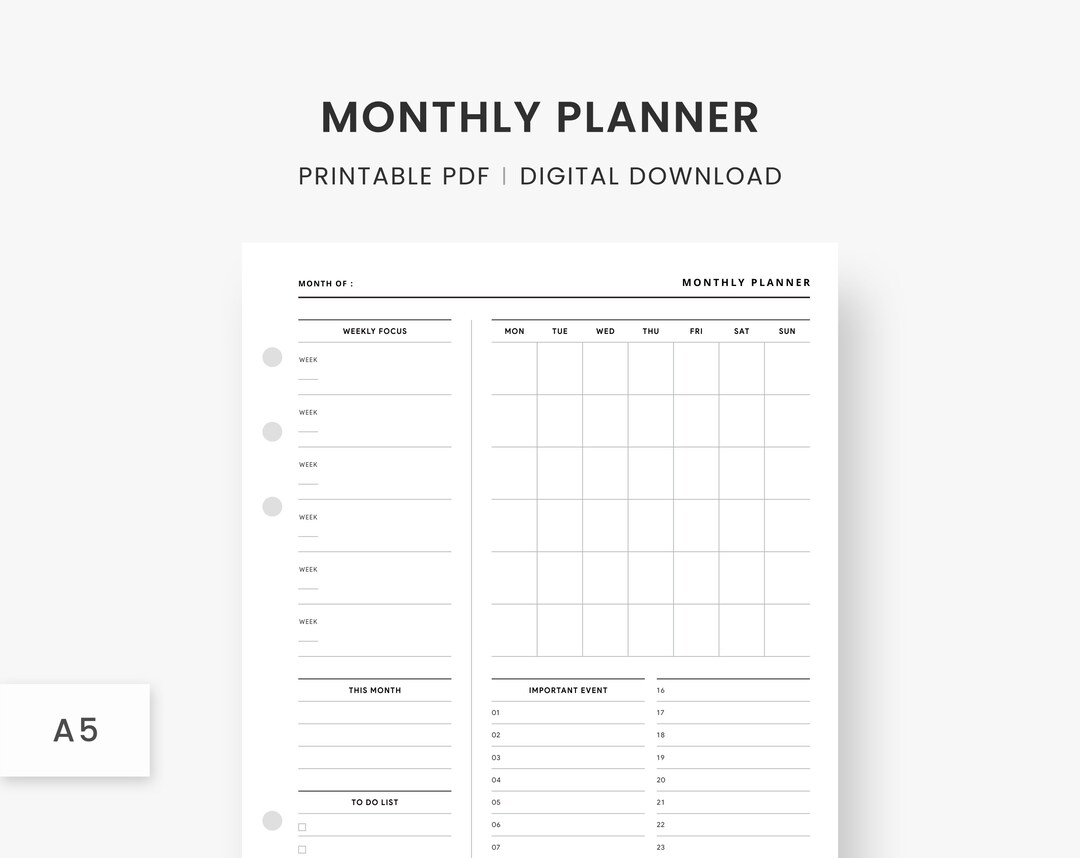 A5 Inserts : Monthly Calendar, Printable Planner, Calendar Planner ...