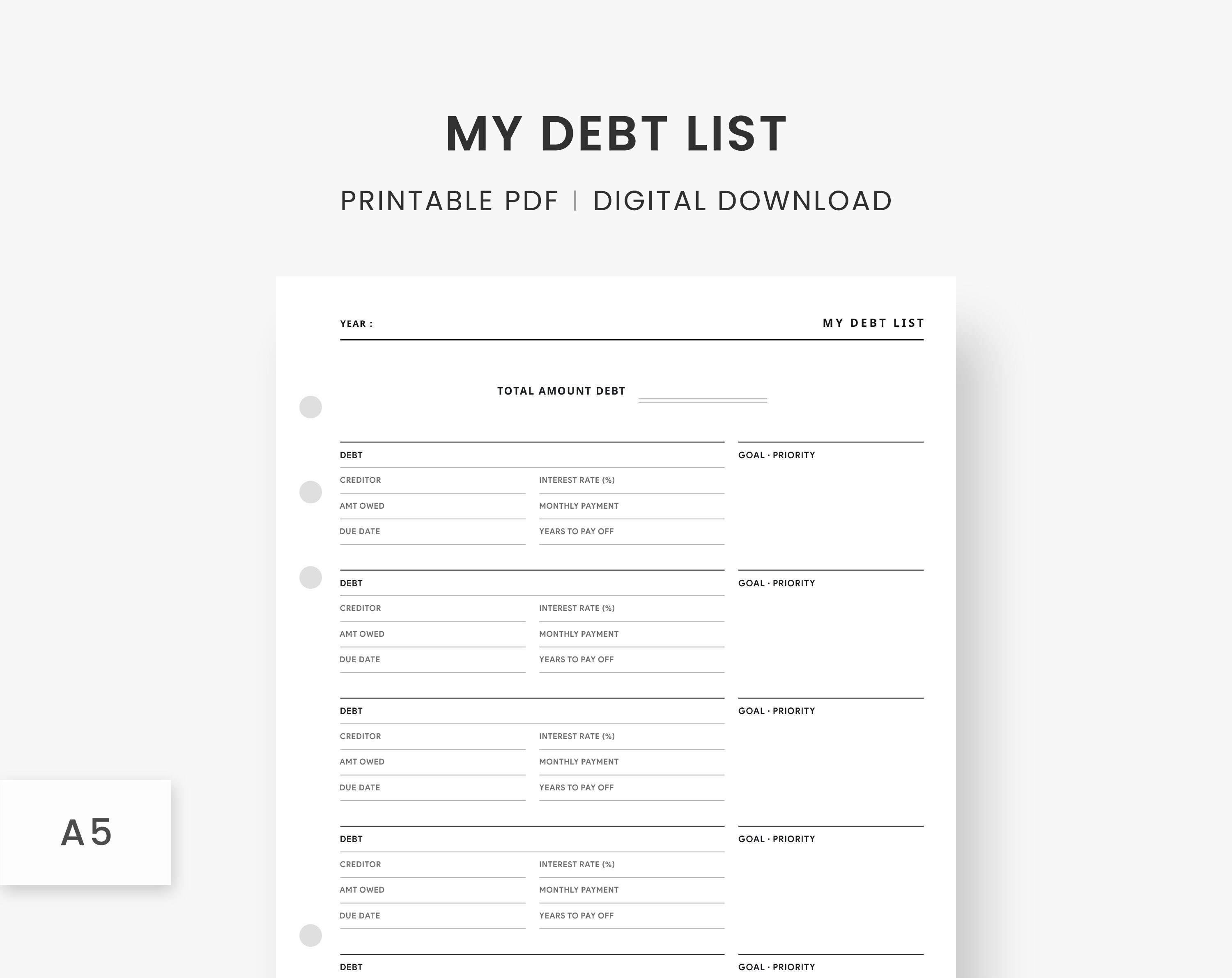 A5 Inserts : Debt Tracker, Debt List, Finance Tracker, Financial ...