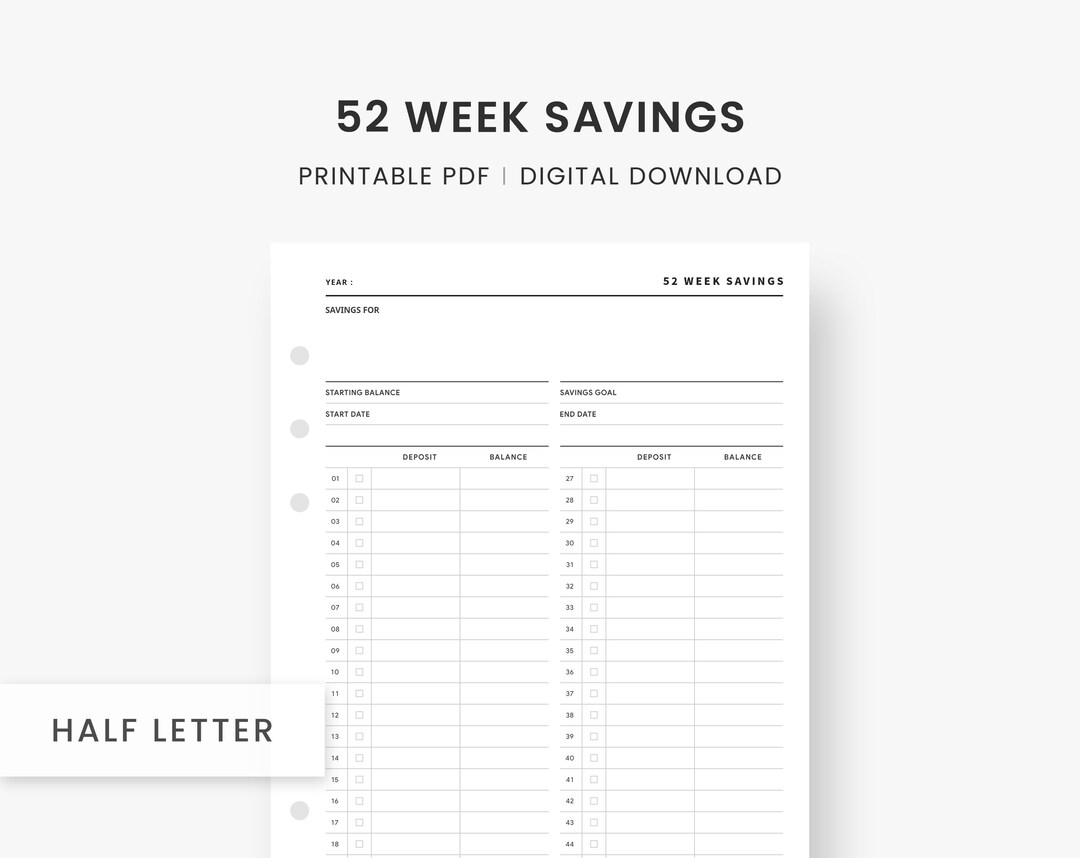 52 Week Savings Tracker Printable, Money Savings Challenge, Yearly ...