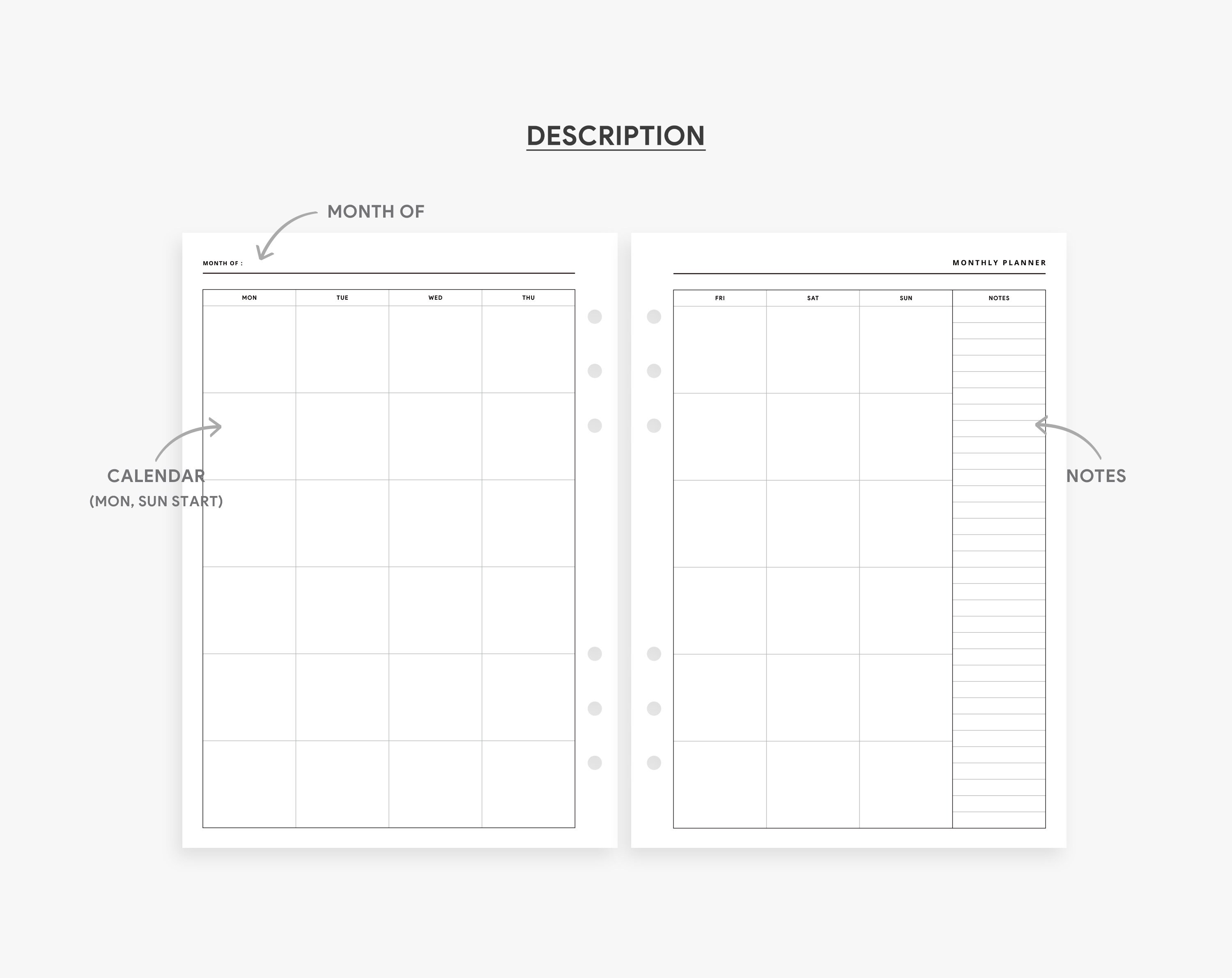 A5 Inserts : Monthly Planner, Printable Calendar, Calendar Pages ...