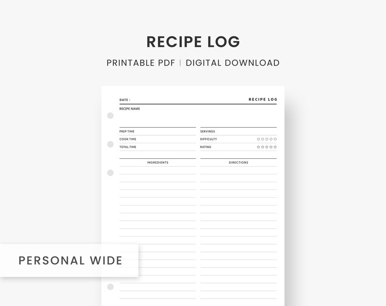 Recipe Log Printable, Personal Wide Inserts, Recipe Template, Recipe ...