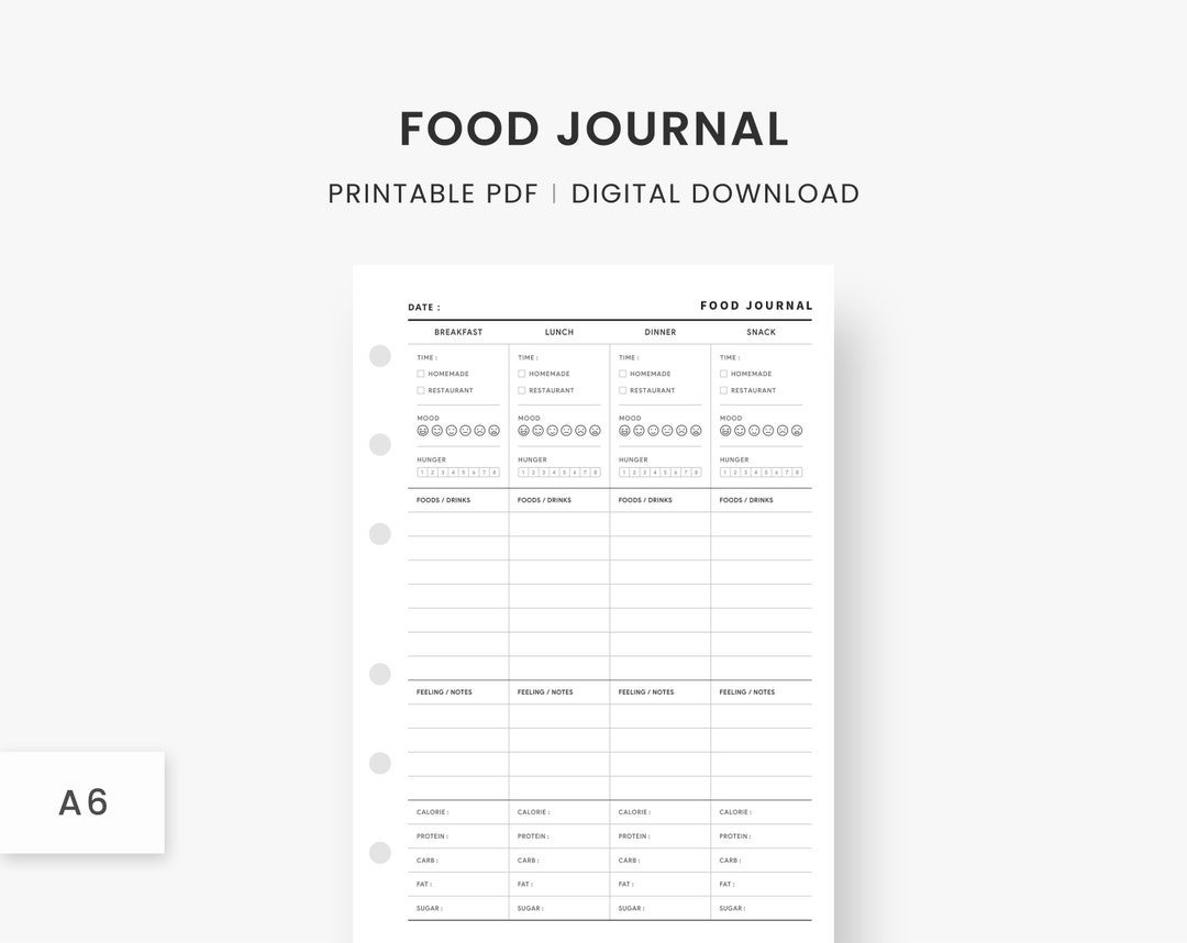 A6 Inserts : Food Journal, Food Diary, Food Tracker, Food Log, Daily ...