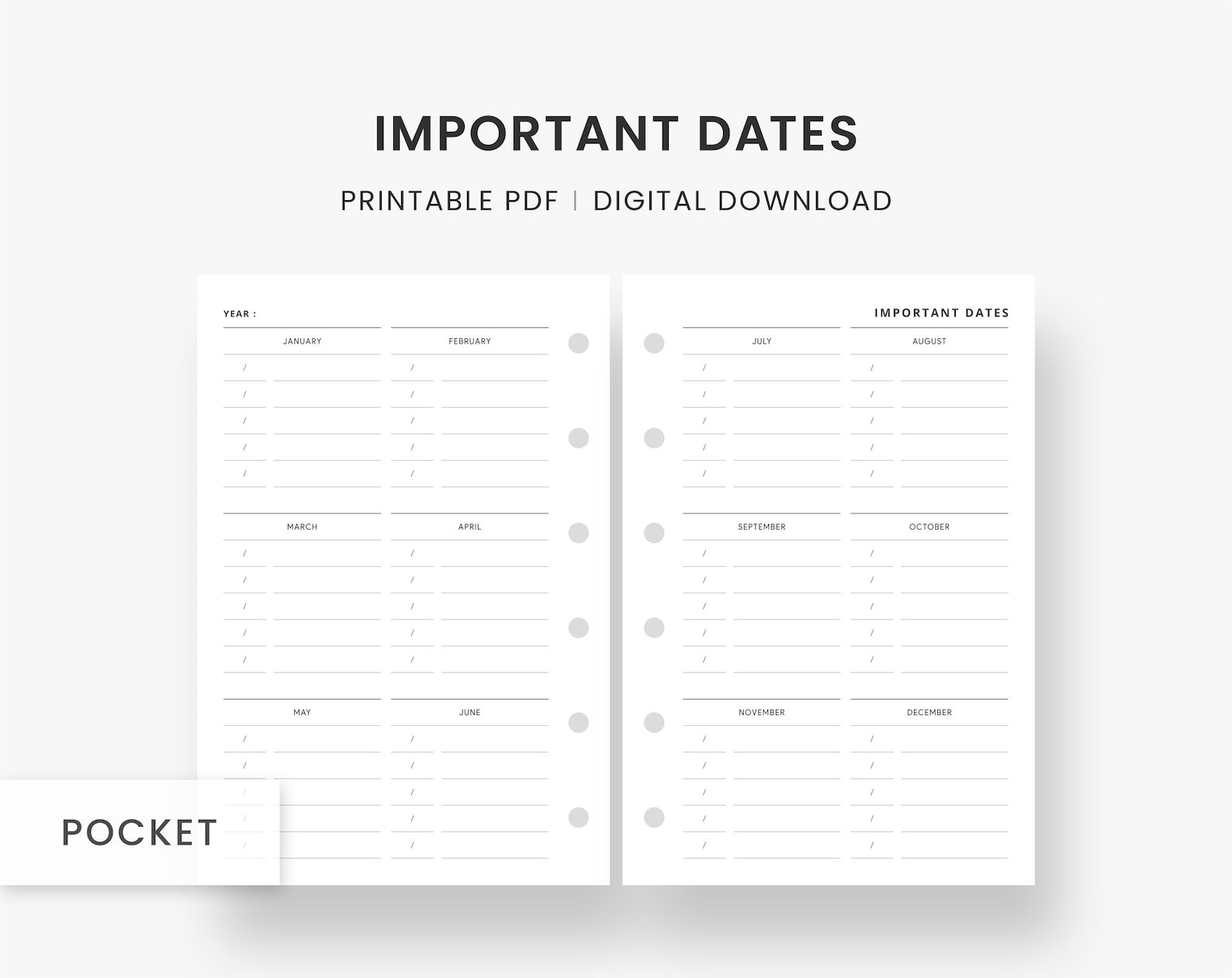 Pocket Inserts : Important Dates Planner Printable, Yearly Birthday ...