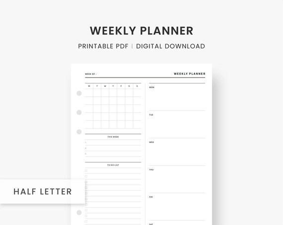 Weekly Planner Printable Half Letter Inserts Weekly Agenda | Etsy