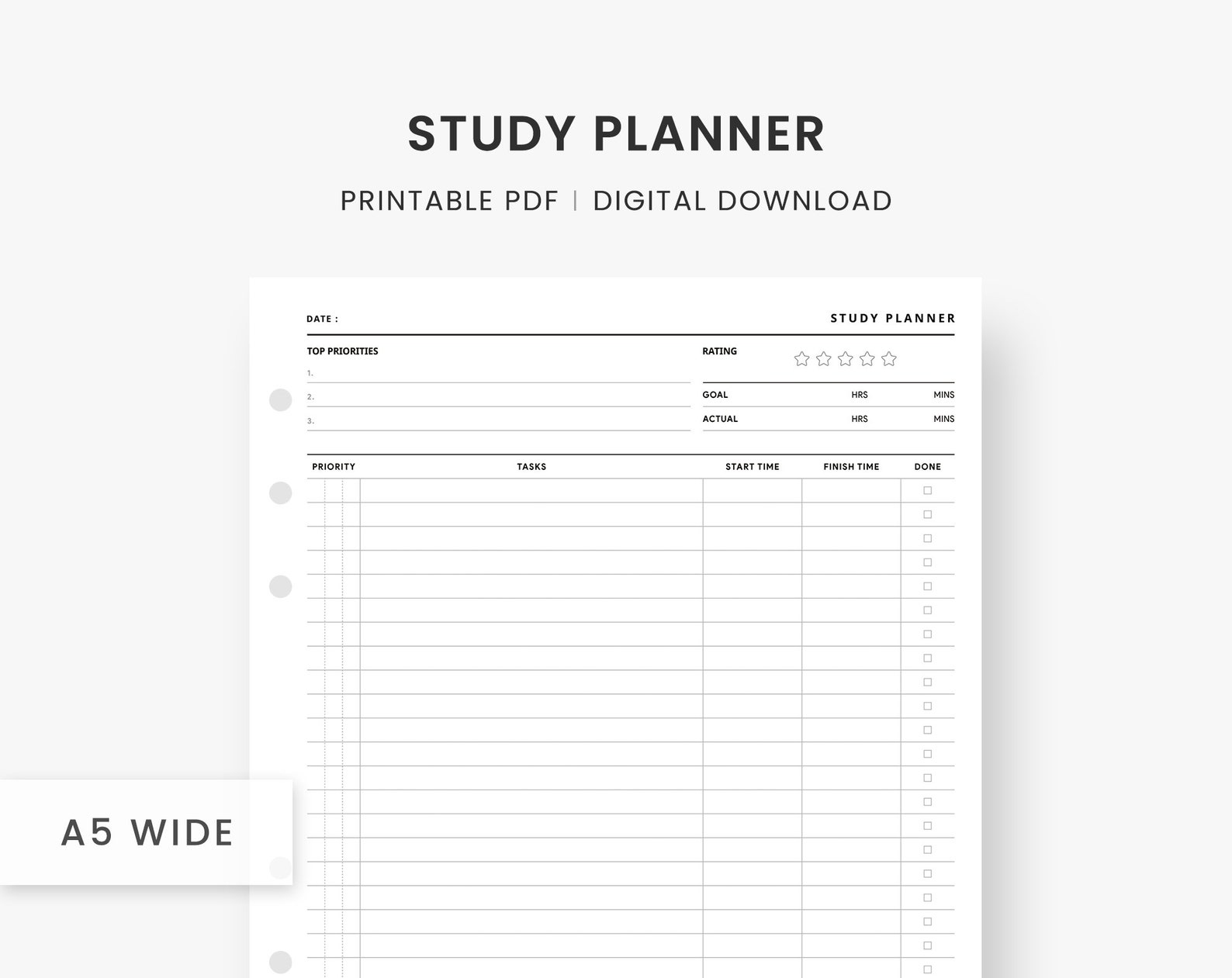 A5 Wide Inserts : Printable Study Planner, Study Session Planner ...