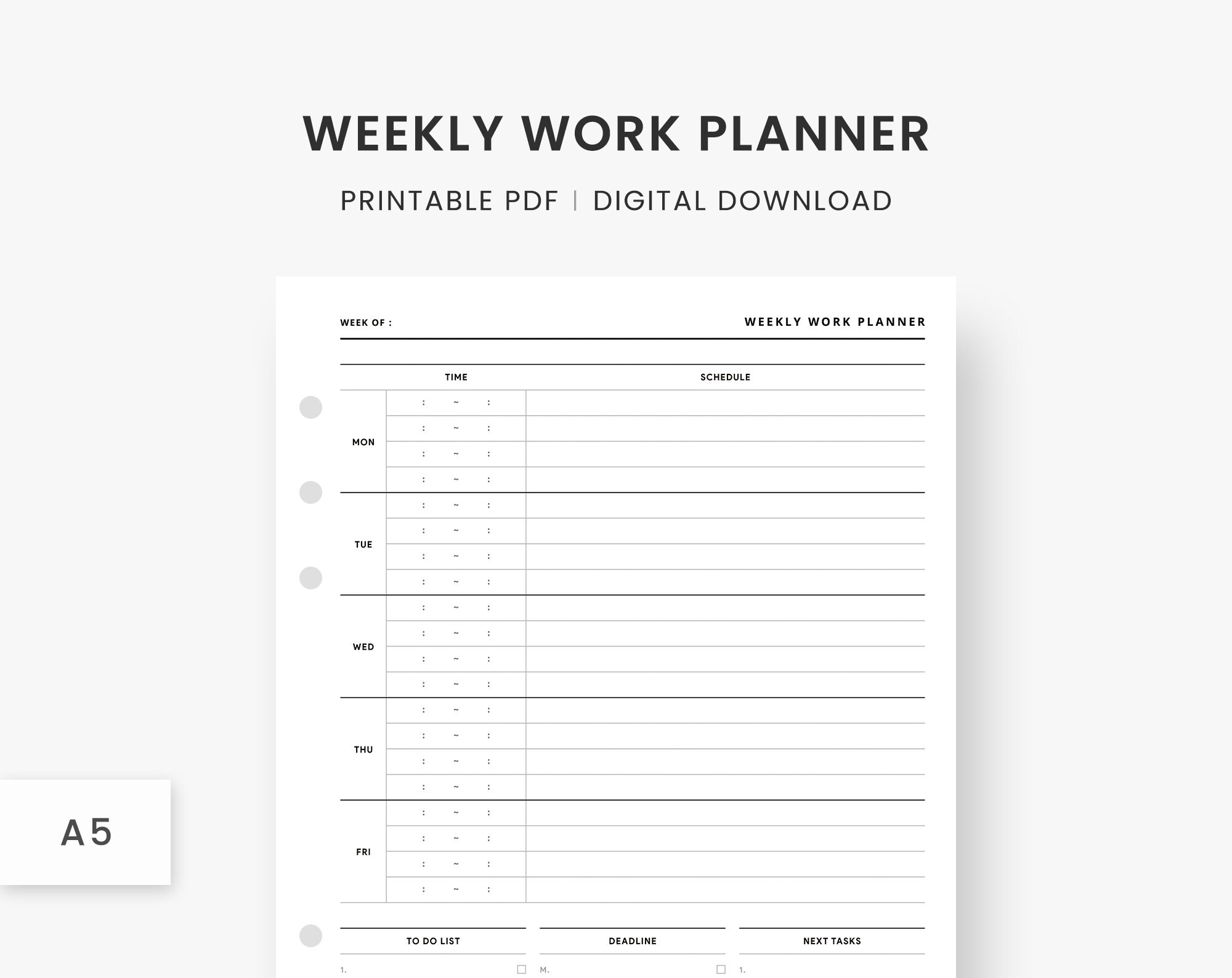 A5 Inserts : Weekly Work Planner Printable, Hourly and Schedule Plan ...