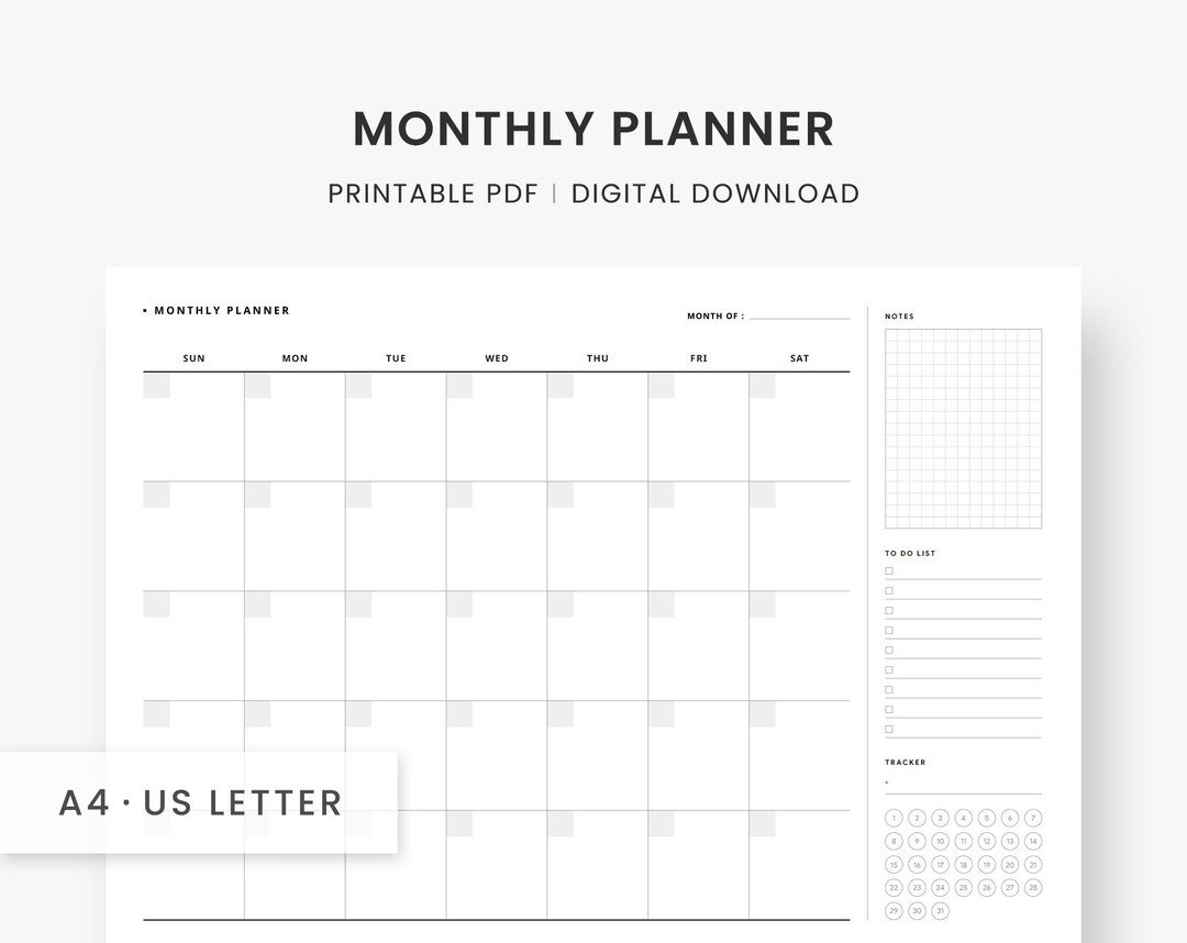Monthly Overview Undated Blank Calendar, US Letter, A4 Size Horizontal ...