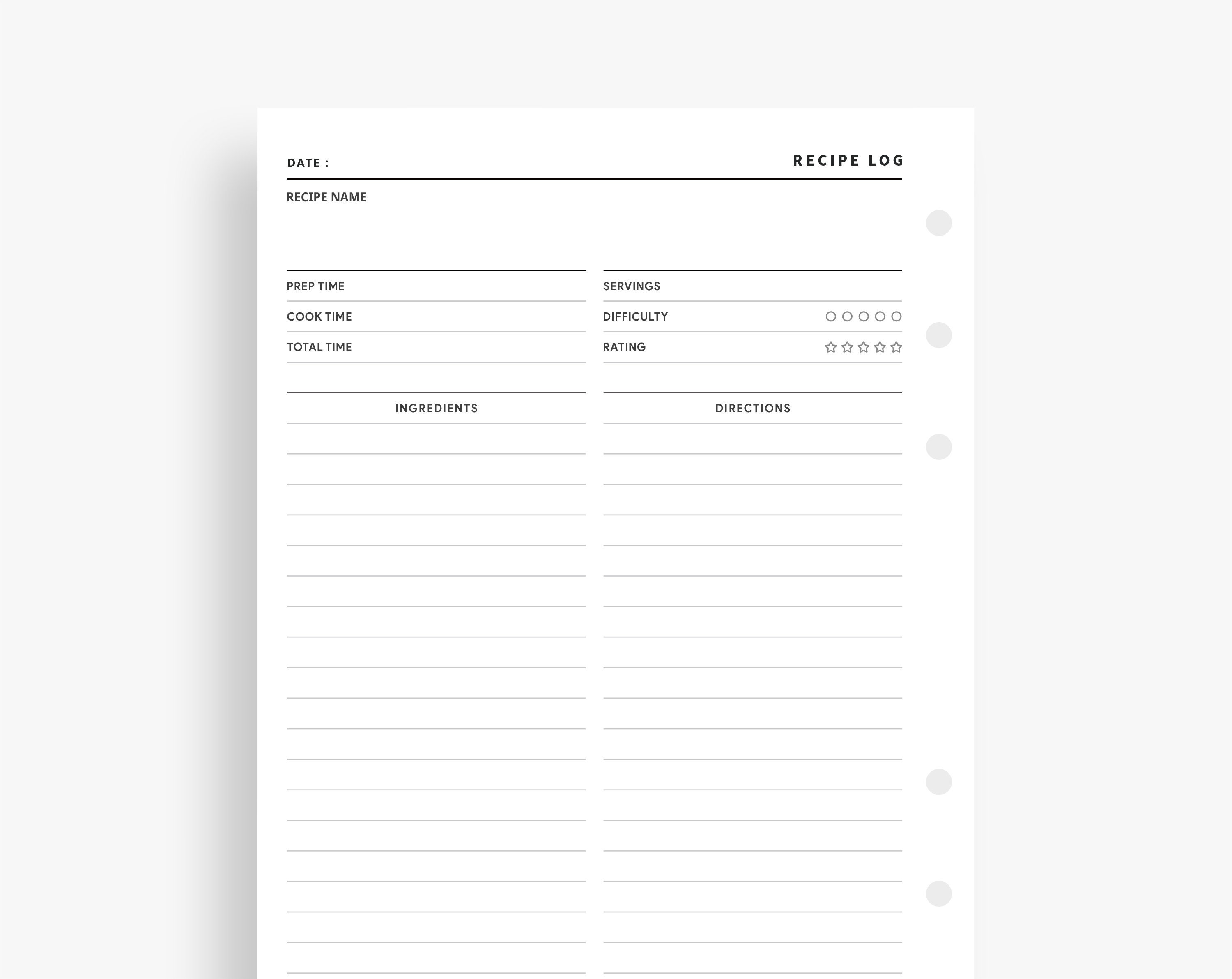 Recipe Log Printable, Personal Wide Inserts, Recipe Template, Recipe ...