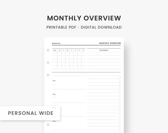 Monthly Overview Printable Monthly Planner Personal Wide | Etsy