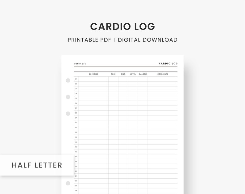 Workout Log Printable, Half Letter Inserts, Cardio Log, Monthly ...