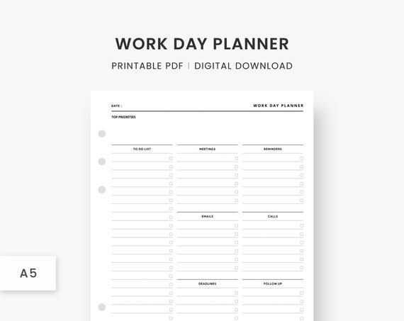 A5 Inserts : Work Day Planner Printable Daily Organizer - Etsy