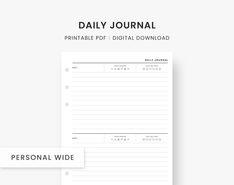 Daily Journal Pages Printable, Personal Wide Inserts, Daily Planner ...