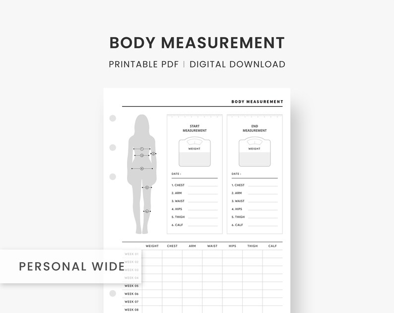 Body Measurement Tracker Printable, Personal Wide Inserts, Fitness ...