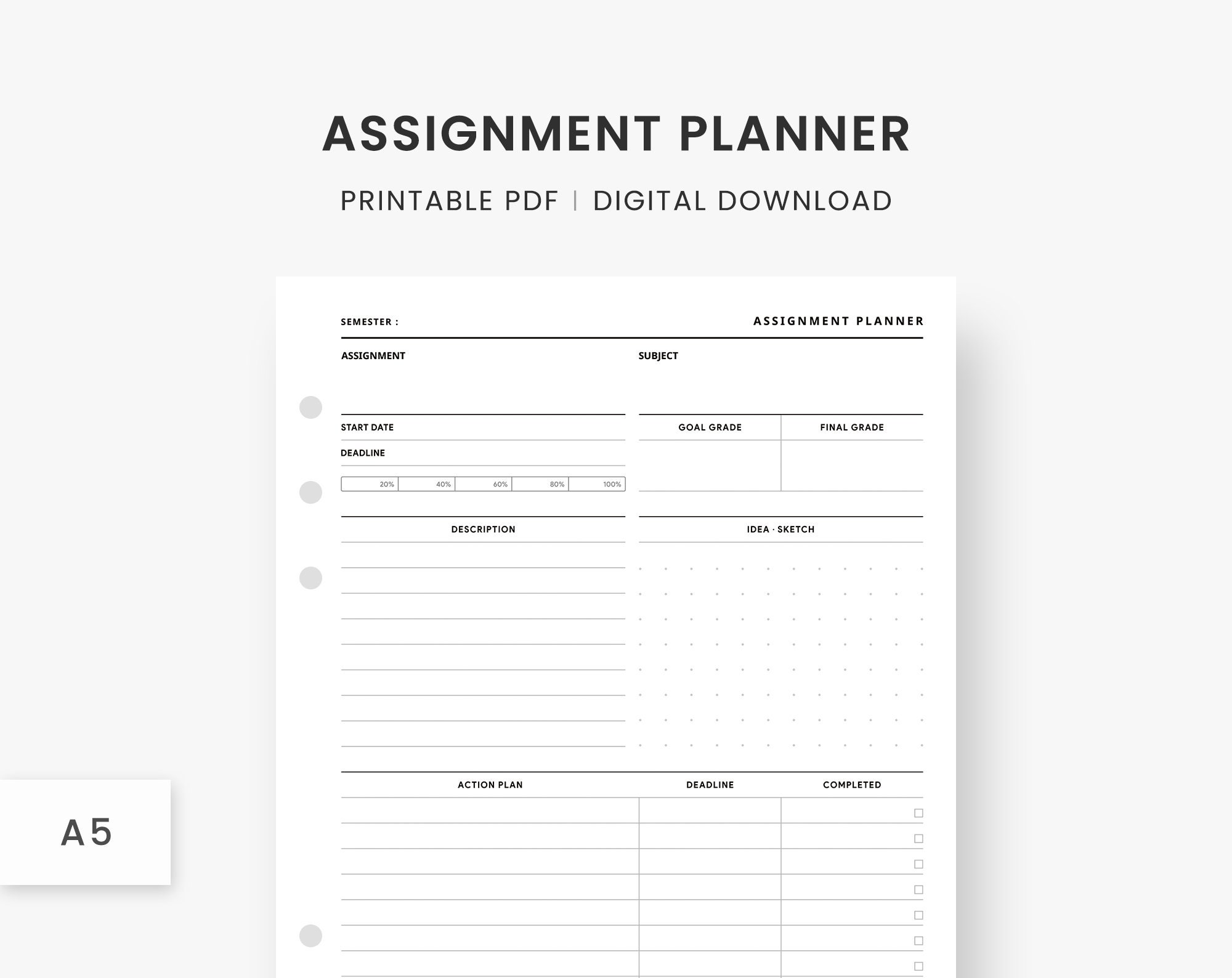 A5 Inserts : Study Planner Printable, Assignment Plan, Productivity ...