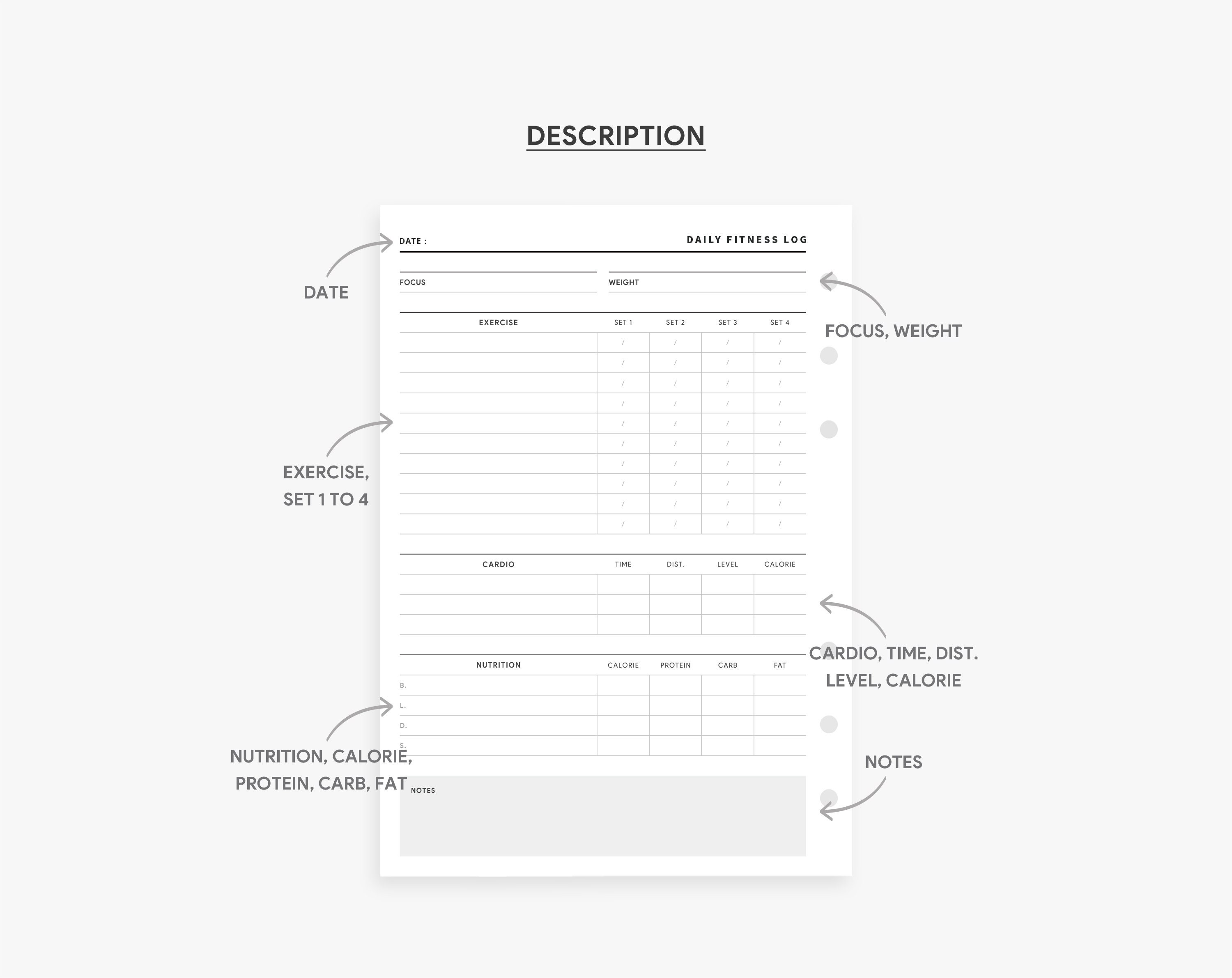 Daily Fitness Log Printable, Personal Wide Inserts, Fitness Tracker ...