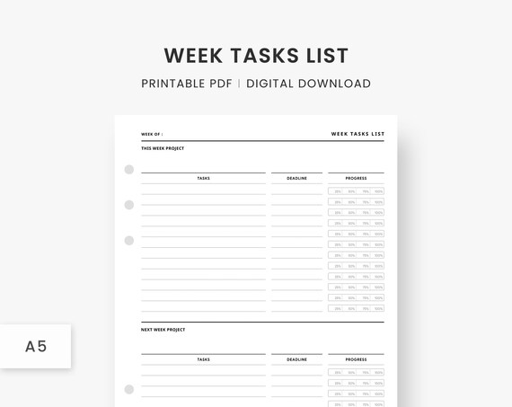 A5 Inserts : Week Tasks List Printable Weekly Task List | Etsy