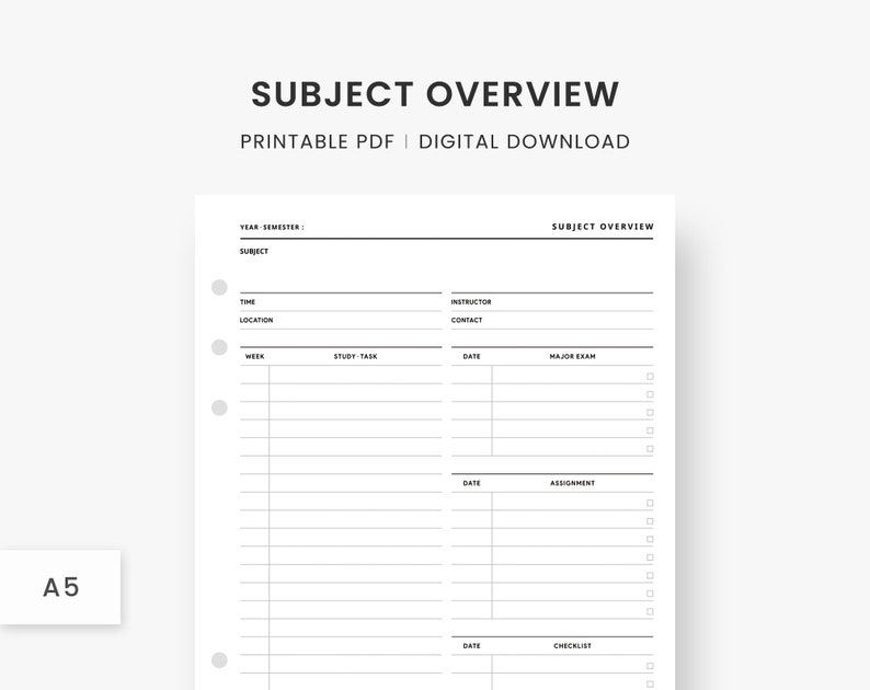 A5 Inserts : Semester Planner, Student Planner Printable, Subject Overview, College, University ...
