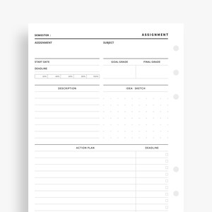 Assignment Plan Printable, Personal Wide Inserts, Student Planner ...