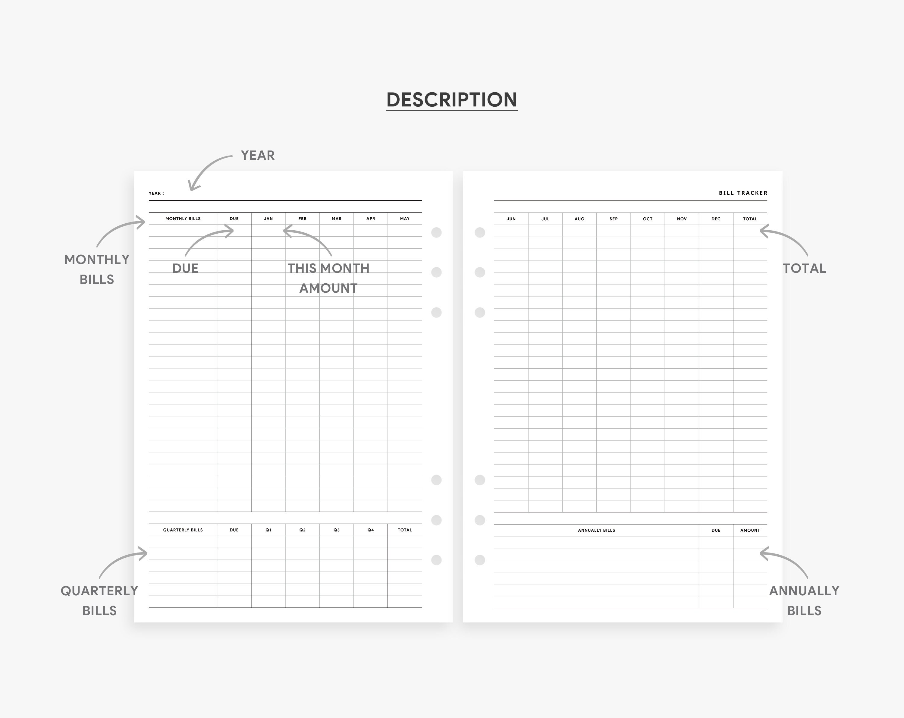 A5 Inserts : Bill Tracker, Bill Organizer, Monthly Bill Tracker, Bill ...
