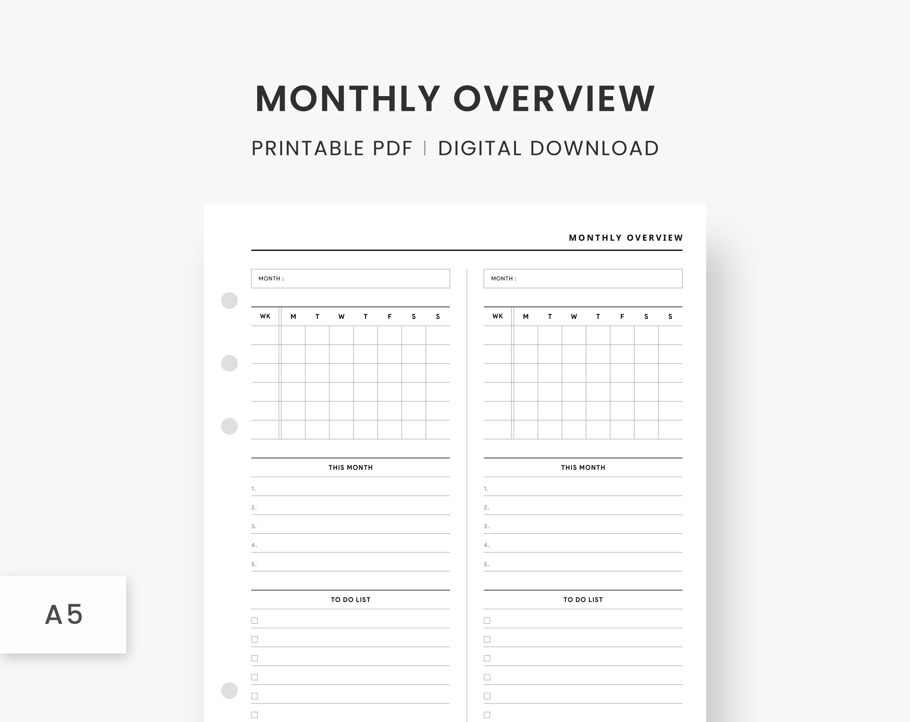 A5 Einsätze : Monatliche Übersicht, Monatskalender, monatlich druckbare ...