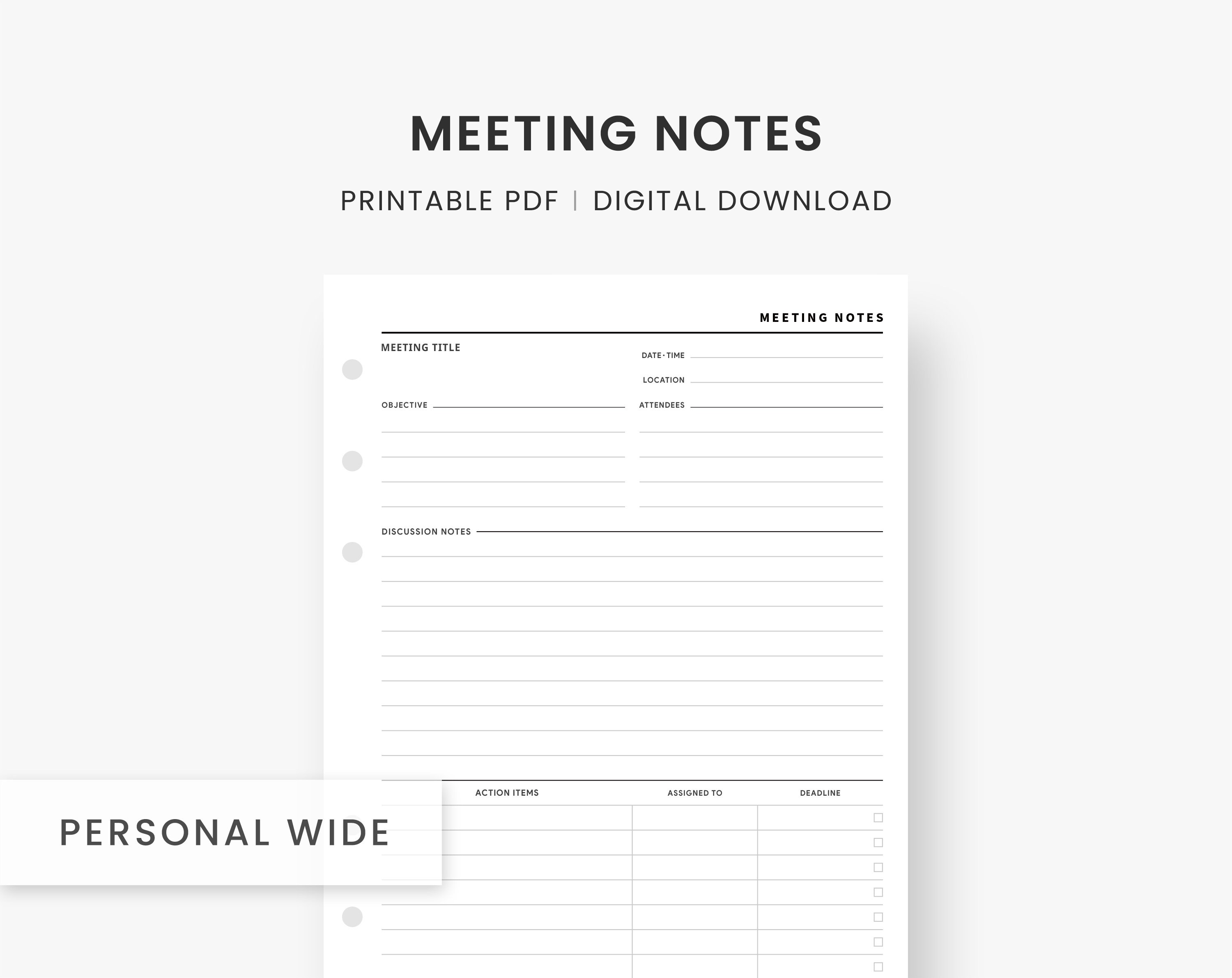 Meeting Template Printable, Meeting Notes, Personal Wide Inserts ...