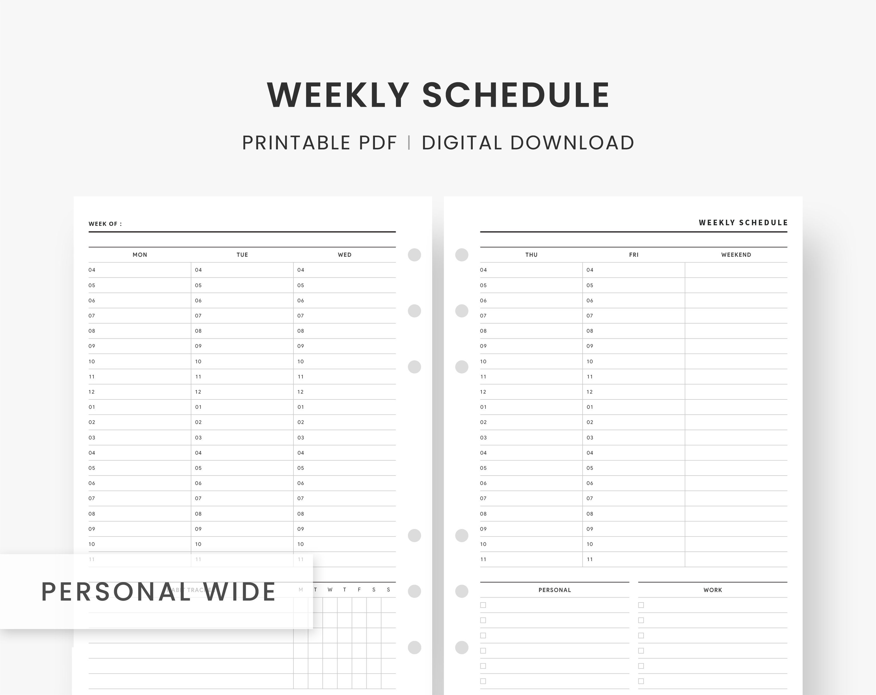 Weekly Schedule, Personal Wide Insert, Weekly Agenda, Hourly Planner ...
