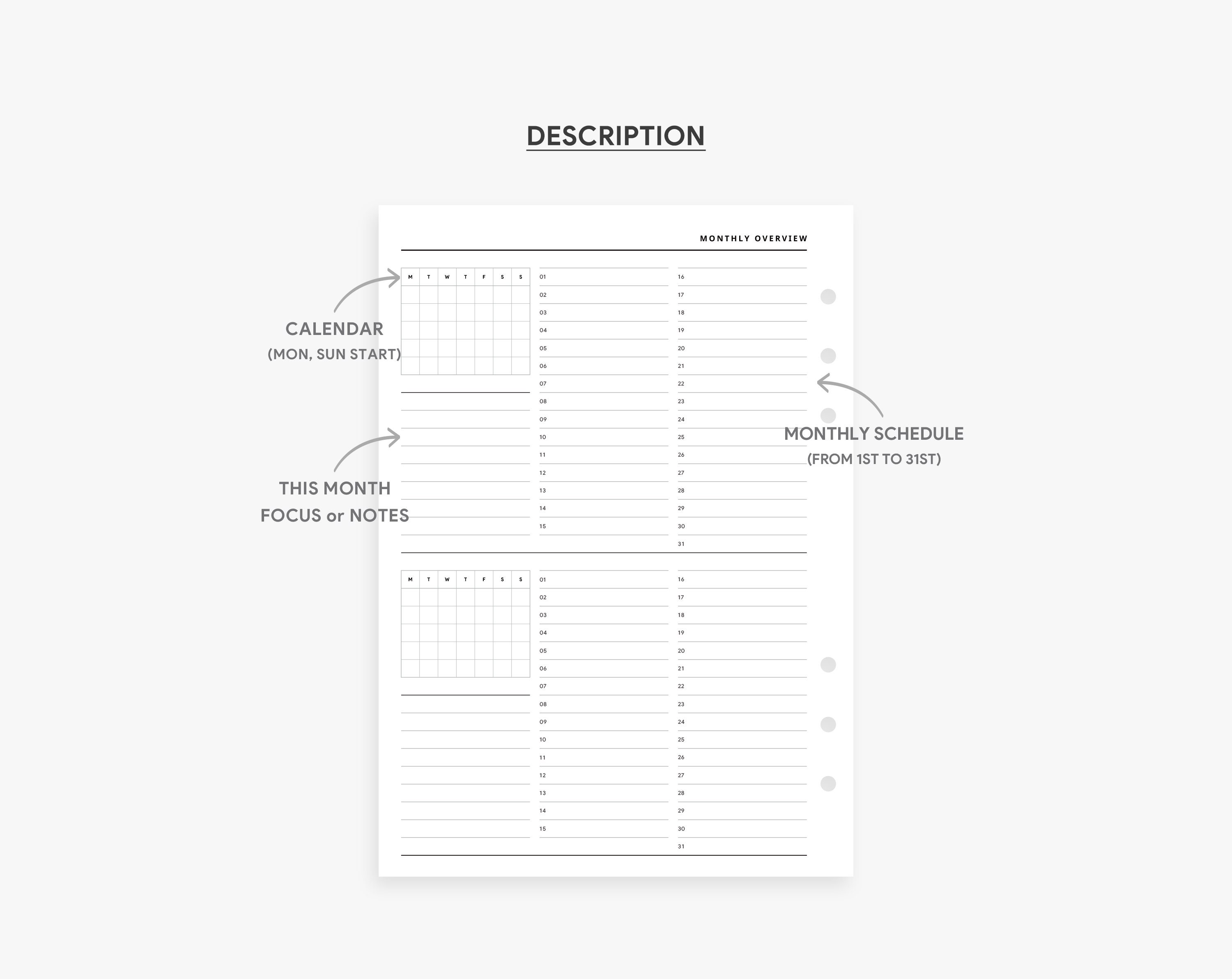 A5 Inserts : Monthly Overview Printable Planner Monthly - Etsy