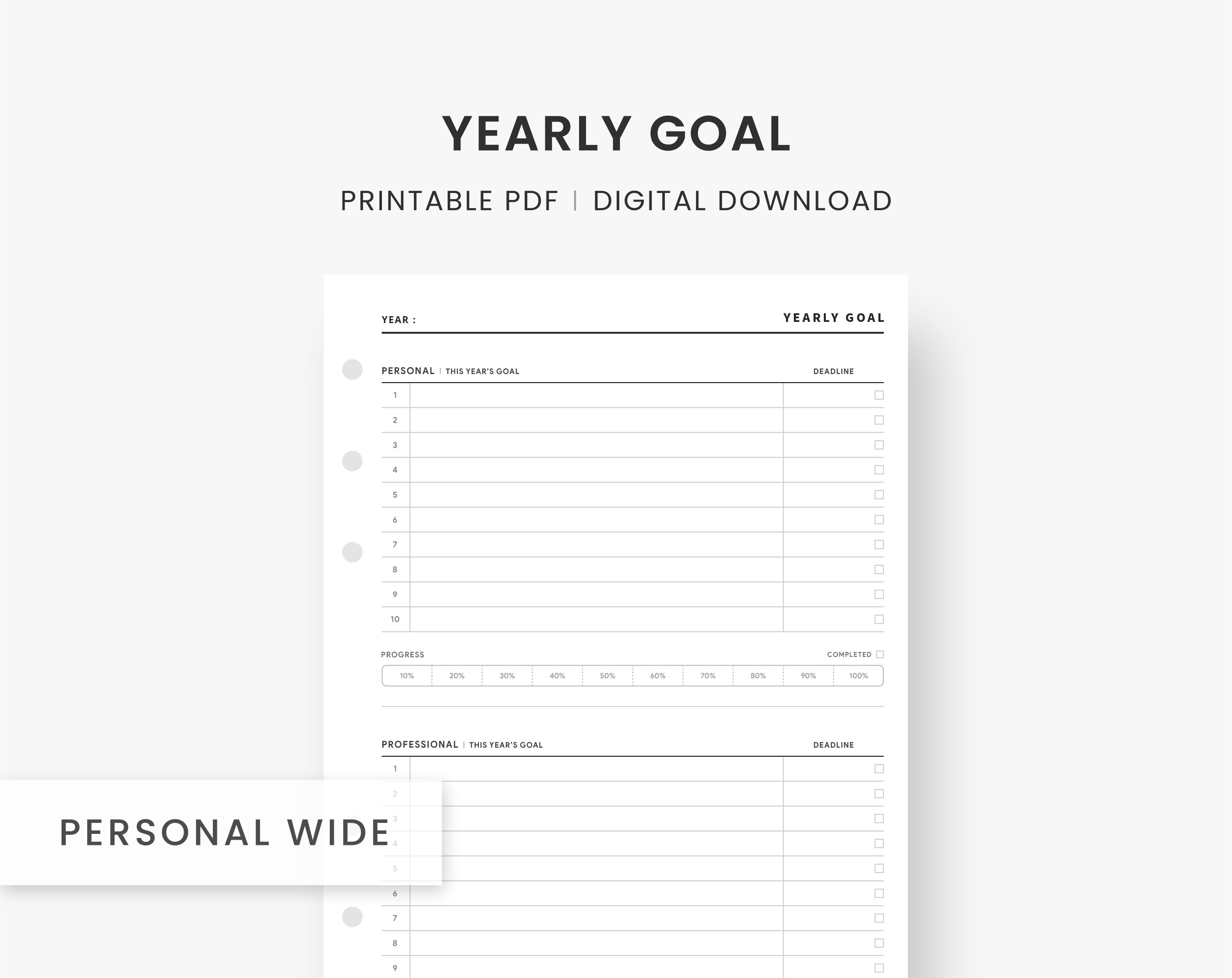 Yearly Goal Planner Printable, Personal Wide Inserts, Yearly Planner ...