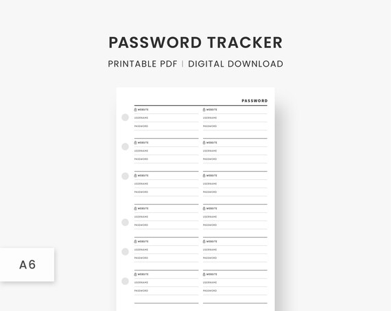 Paper A6 Inserts : Password Tracker Password Journal Password Printable ...